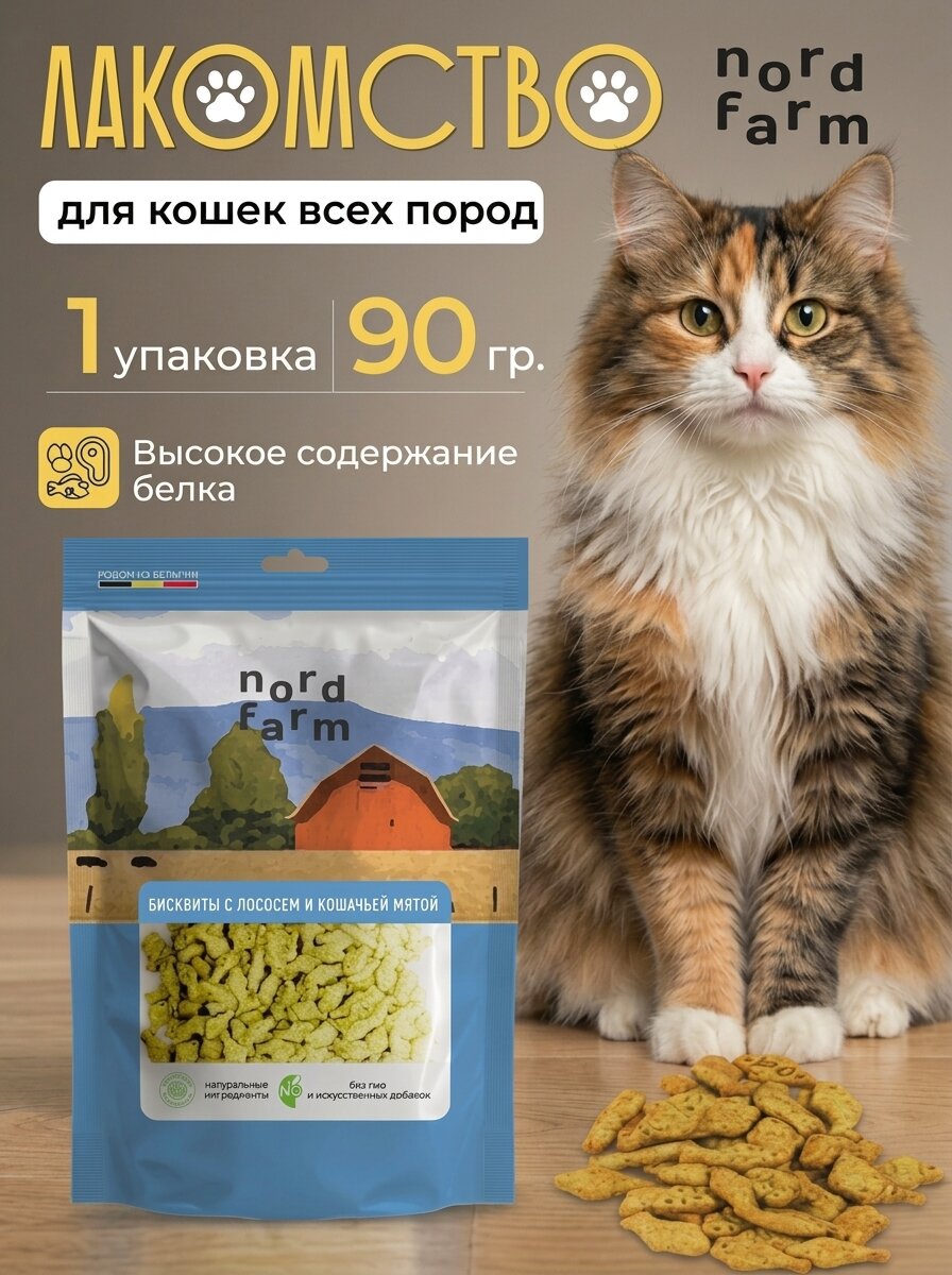 Лакомства для кошек Nord Farm бисквиты с лососем и кошачьей мятой, 90 г (NF-TR055)