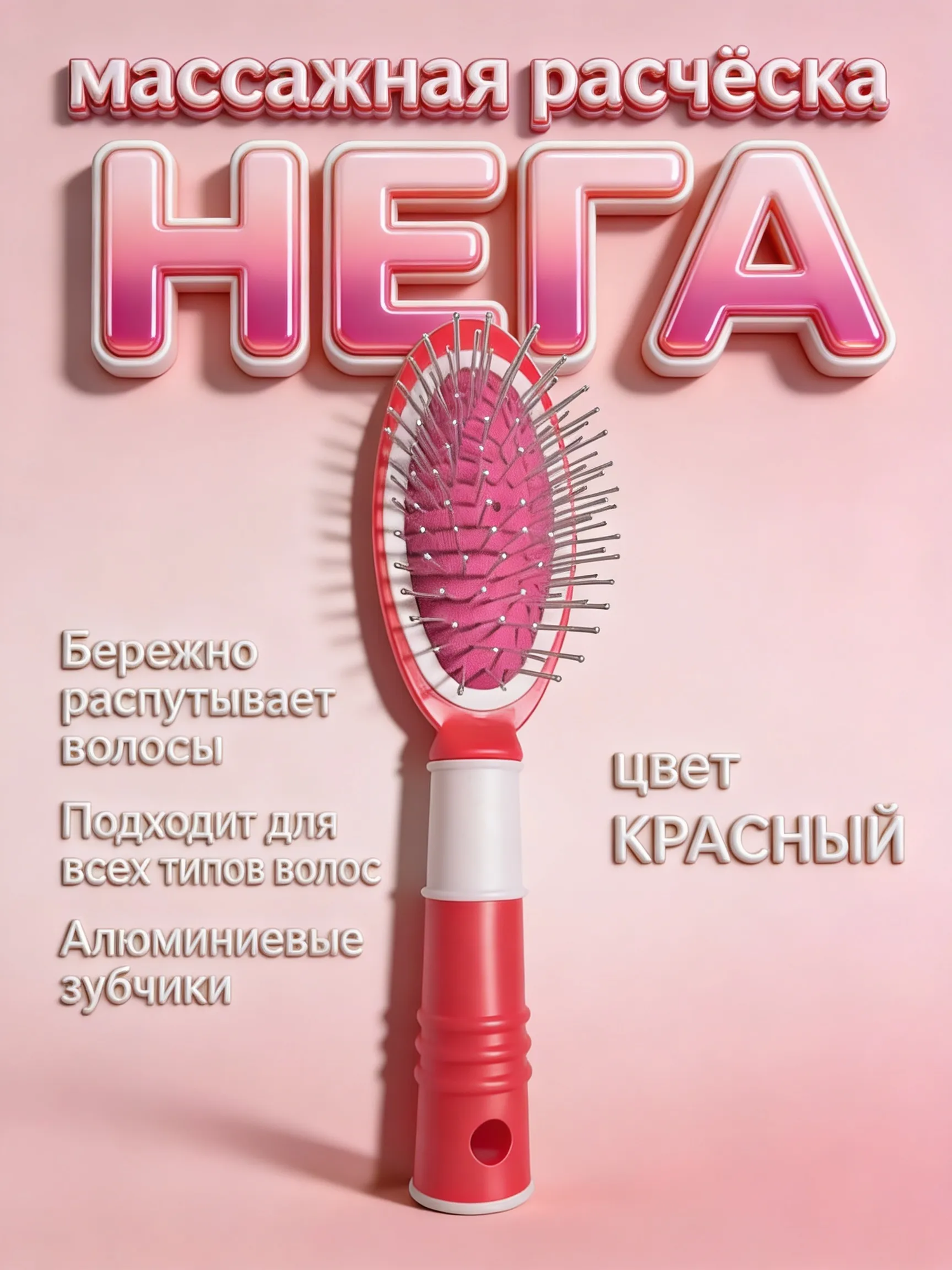 Расческа массажная для волос "нега" прочный пластик, красный цвет, алюминиевые зубчики