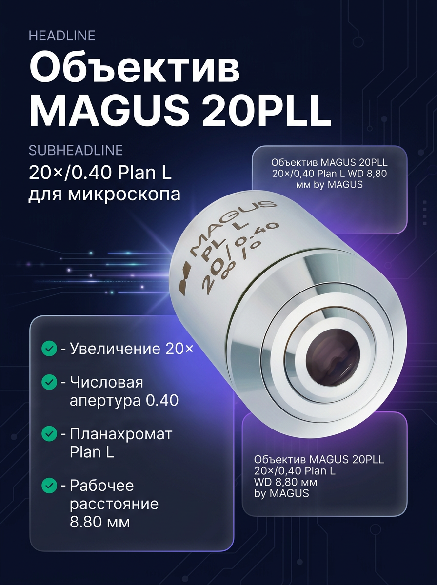Объектив MAGUS 20PLL, 20х/0.40 Plan L, WD 8.80 мм, резьба RMS