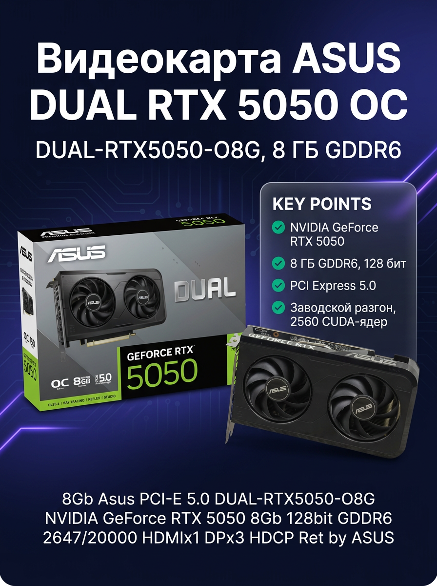 Видеокарта ASUS Dual GeForce RTX 5050 8 ГБ GDDR6 (DUAL-RTX5050-O8G), PCI-E 5.0, 2647 МГц