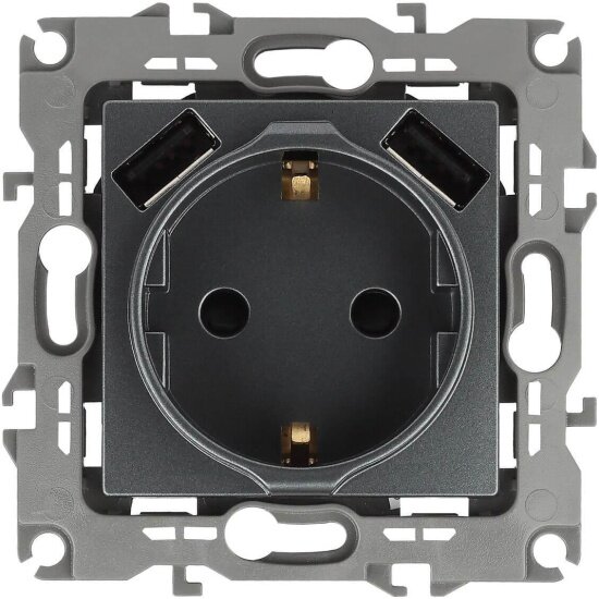 Розетка Эра Intro Solo Schuko P+E 16A 250V со шторками 2хUSB графит 12-4109-12 Б0047846