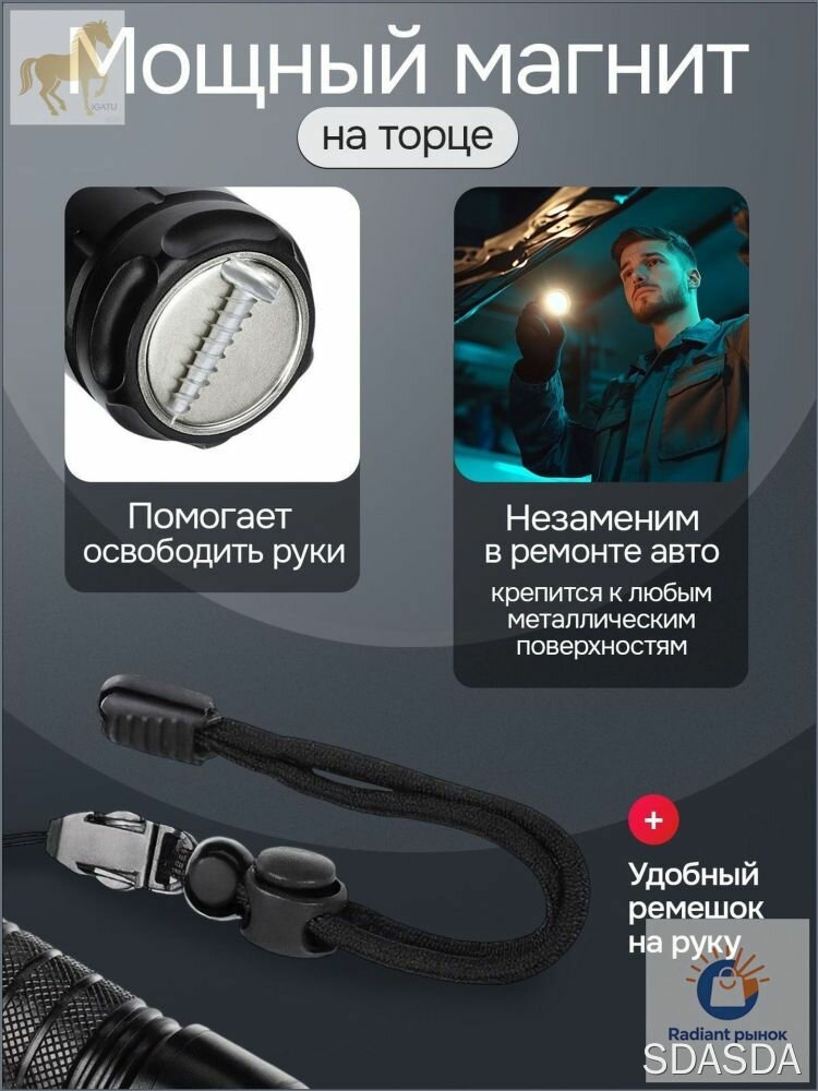 Динамофонарь 26650 9 режимов, POWER BANK, ZOOM, до 12 часов работы, для использования дома, на улице, в походах. Лазерный фонарь — фото 1