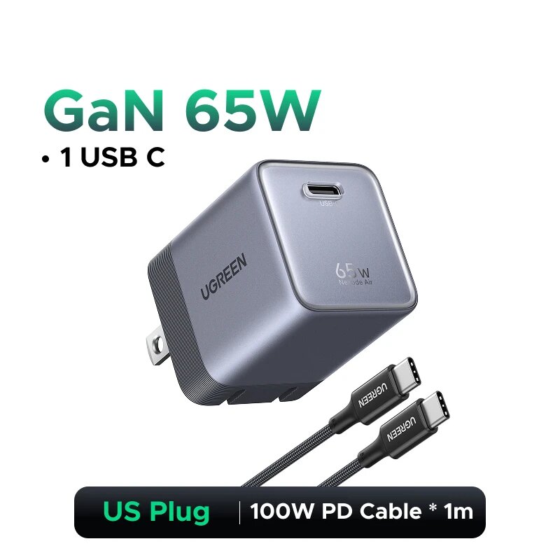 【Ультраминиатюрный】Зарядное устройство UGREEN Nexode Air 65W 45W GaN с Зеленый, US Plug Add Cable