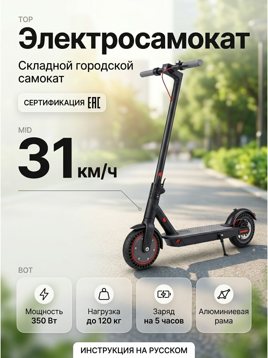 Электросамокат складной для городской езды с дисплеем и ручным тормозом, черный