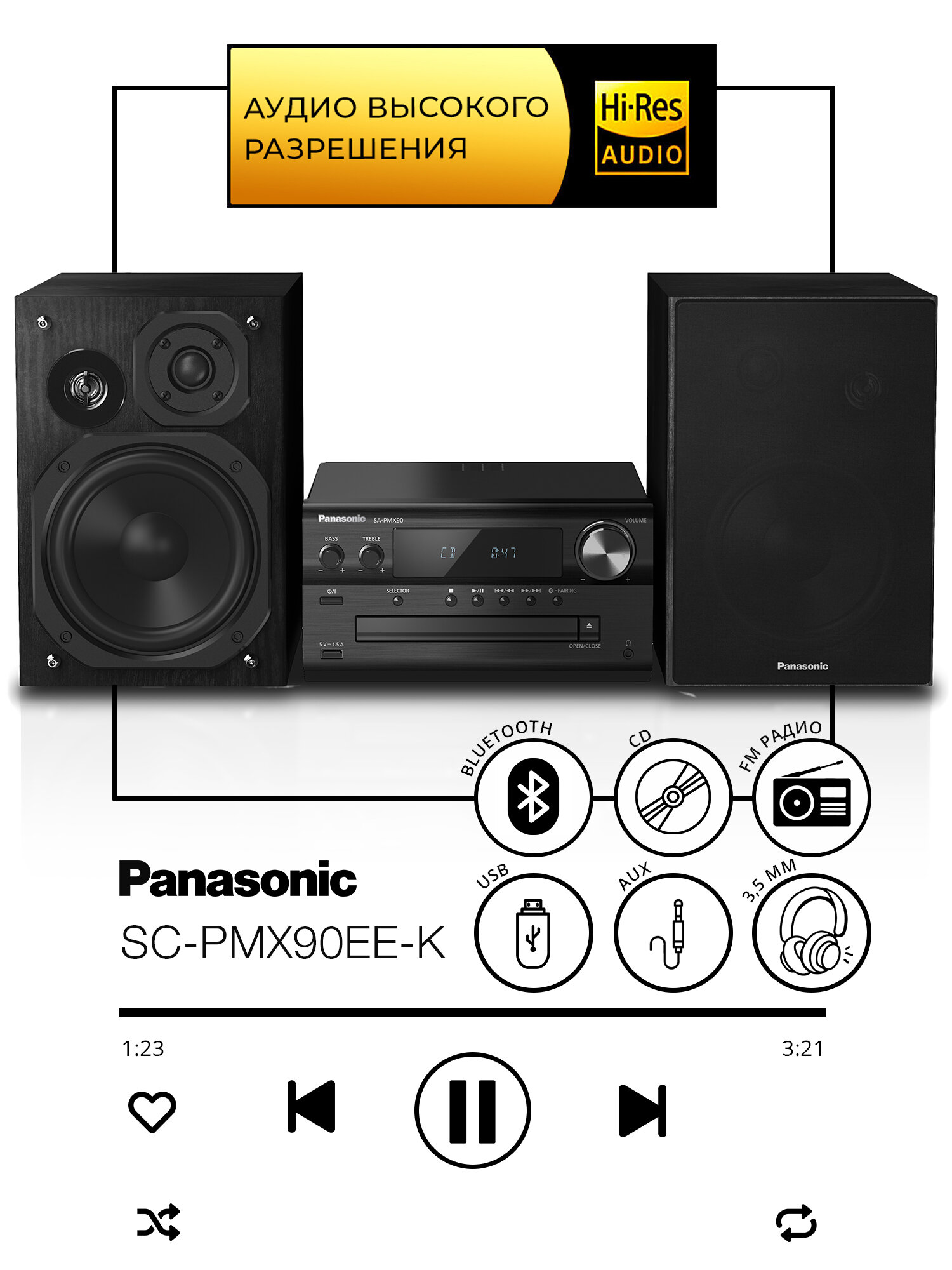 Hi-Fi-микросистема Panasonic SC-PMX90EE-K, музыкальный центр с CD, радио и Bluetooth