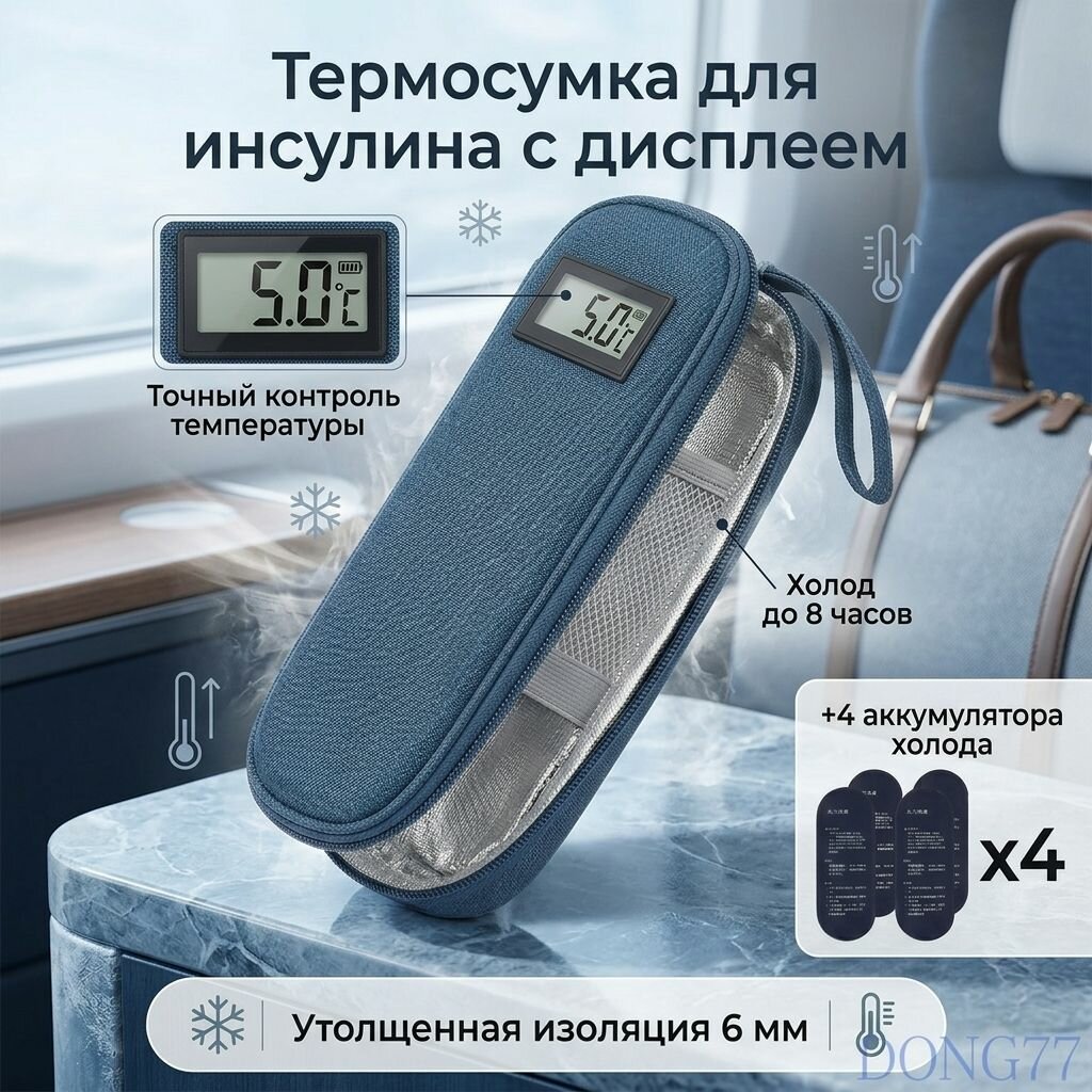 Термосумка для инсулина 20х7х5 см с дисплеем и 4 аккумуляторами холода, портативная синяя сумка-холодильник, для хранения лекарств в дороге