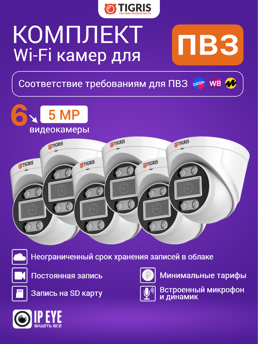 Комплект видеонаблюдения Wifi для ПВЗ на 6 камер 5 мп с облачным сервисом IPEYE