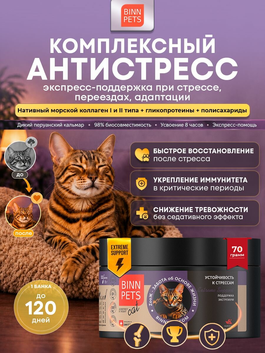 Натуральный морской коллаген для кошек любого возраста BINN PETS Extreme Support восстановление суставов и связок, показан при стрессе и родах, инфекциях и после операций в банке 70 грамм