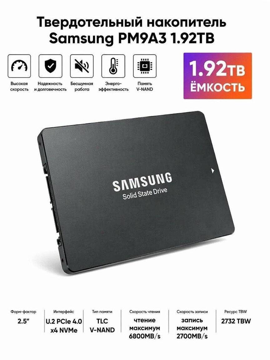 Samsung PM9A3 1,92 ТБ U.2 PCIe4.0 Высокоскоростные SSD - накопители для твердотельных накопителей корпоративного класса