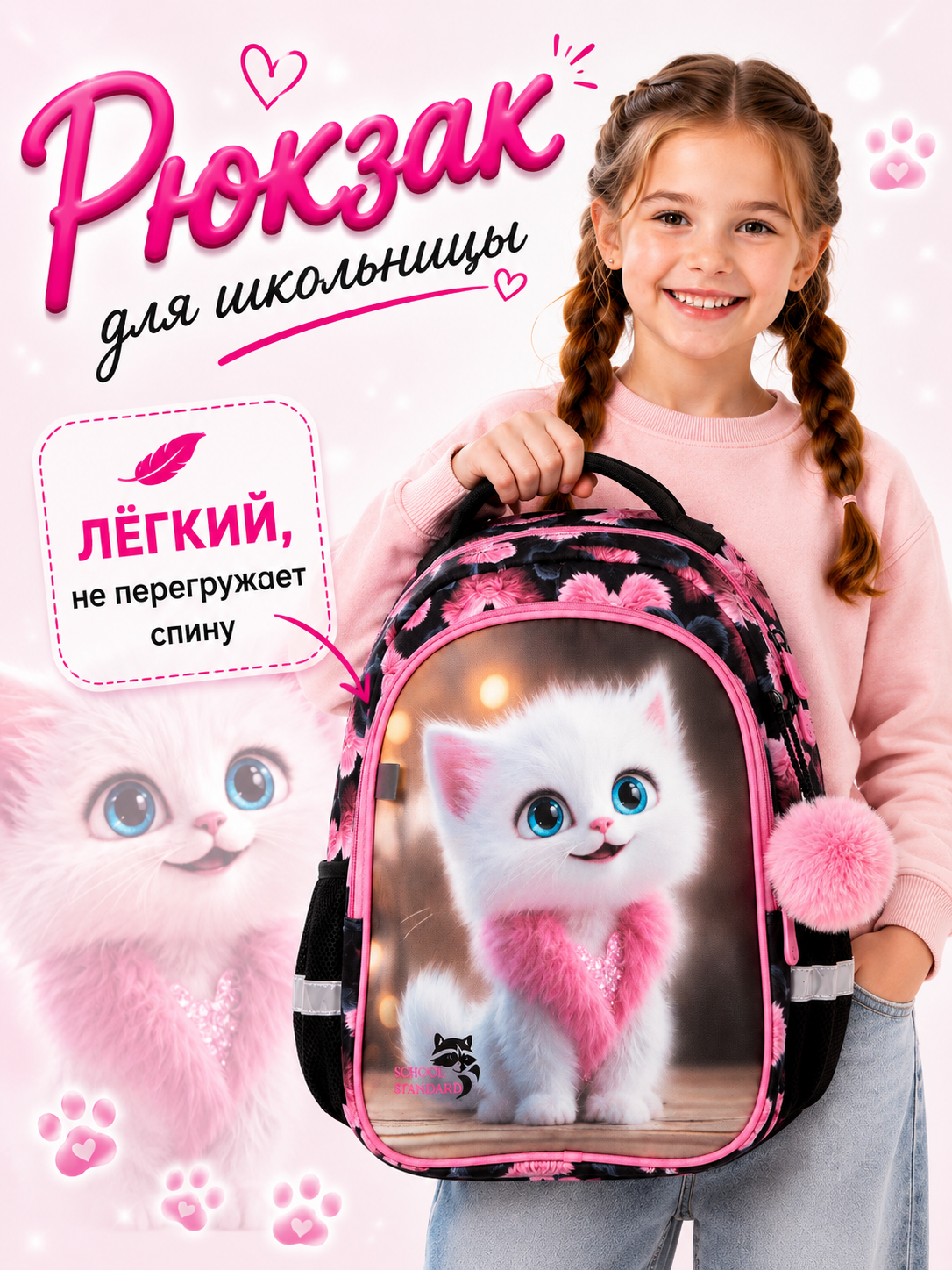 Рюкзак школьный для девочки 17 л младших классов + брелок School Standard(Скул Стандарт)