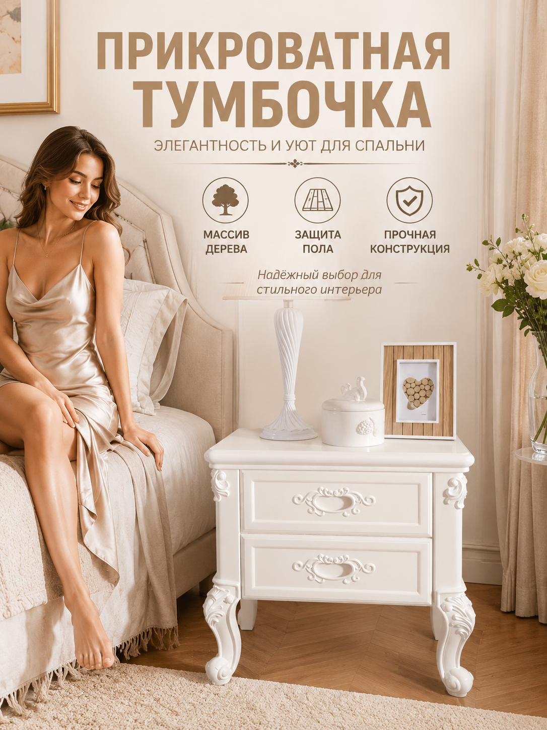 Прикроватная тумбочка белого цвета из массива дерева с двумя выдвижными ящиками и фигурной резьбой, прочная конструкция защищает напольное покрытие