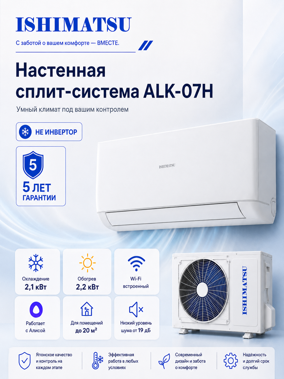 Кондиционер сплит-система ISHIMATSU ALK-07H Akasi On/Off Wi-Fi до 22 м², тихий от 19 дБ, охлаждение и обогрев, Алиса