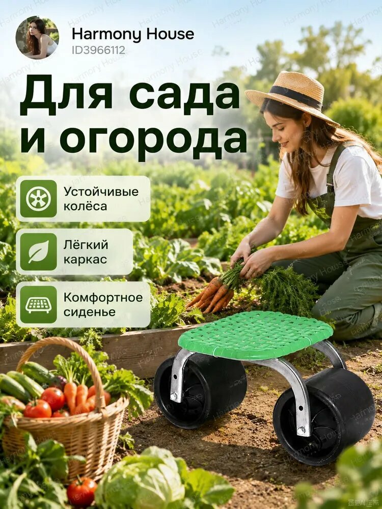 Стул садовый на колесах L559, для прополки, зеленый, металл, 24 см x 27 см