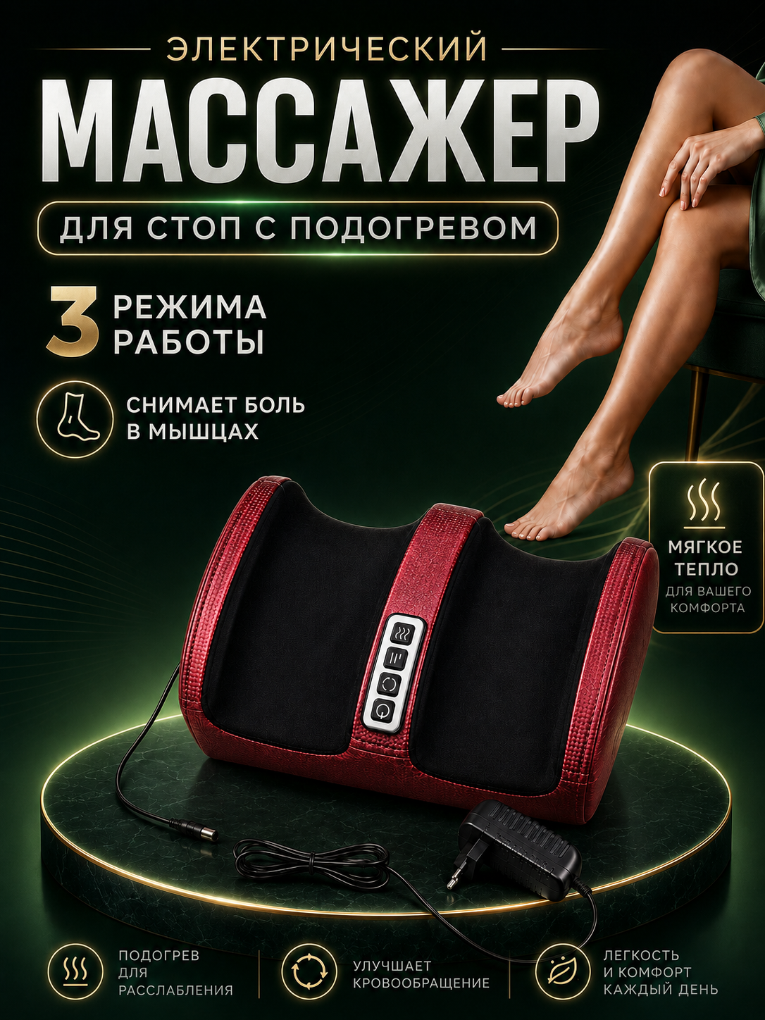 Массажер для ног электрический, Компрессионный электрический массажер для ног с подогревом роликовый, Красный