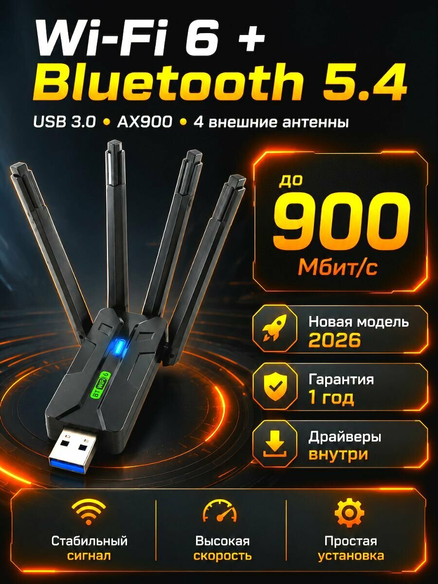 Wi-fi адаптер для компьютера с Bluetooth 2в1 WiFi 6 + Bluetooth 5.4 4 антенны