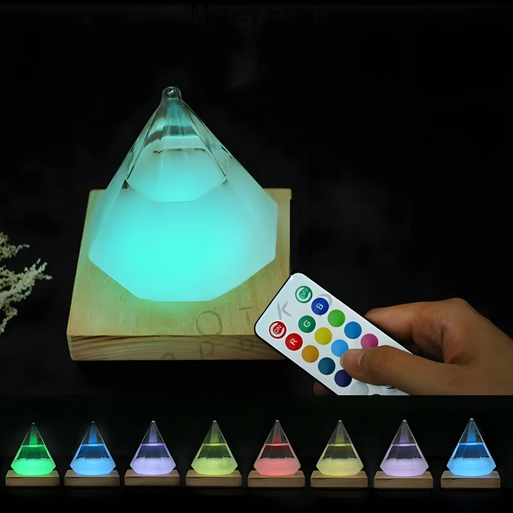 Штормгласс Кристалл XL с RGB подсветкой и пультом ДУ (13 см) из дерева