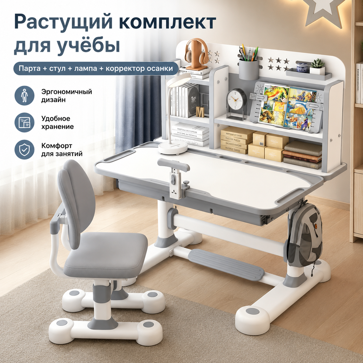 Комплект парта + стул Эргономичный комплект детской парты и стула с регулировкой высоты дома, наклонная столешница