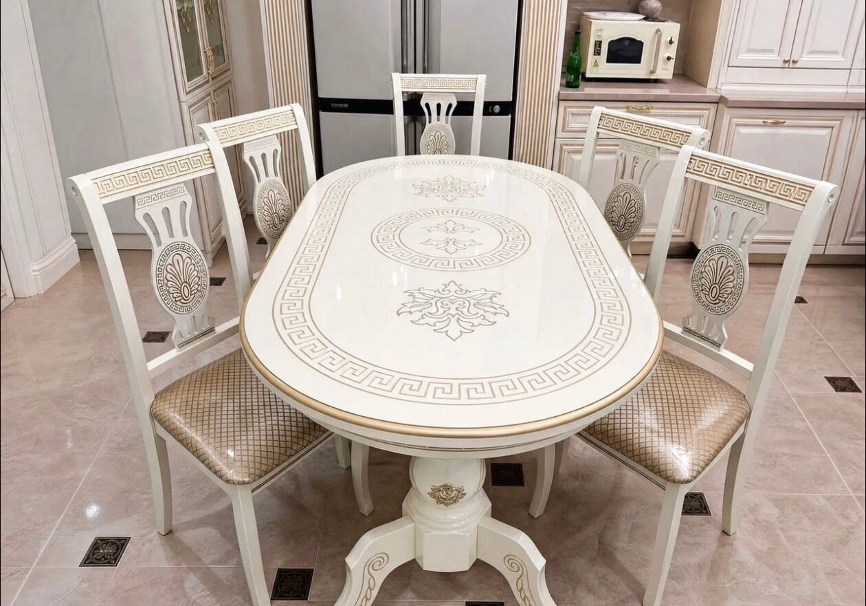 Стол кухонный “Versace”, раздвижной, МДФ каркас, овальная столешница, белый и слоновая кость,