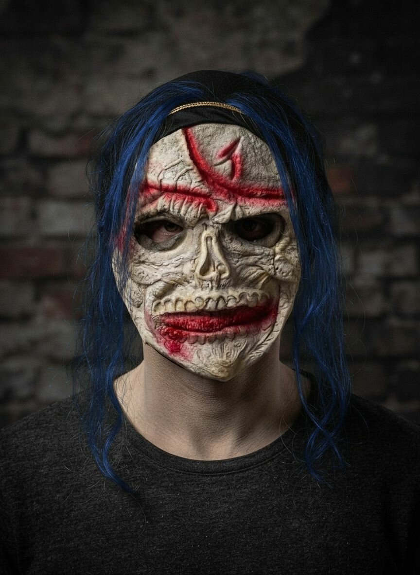 Маска на Halloween, Белая, латекс, с Синими волосами, 20х21см