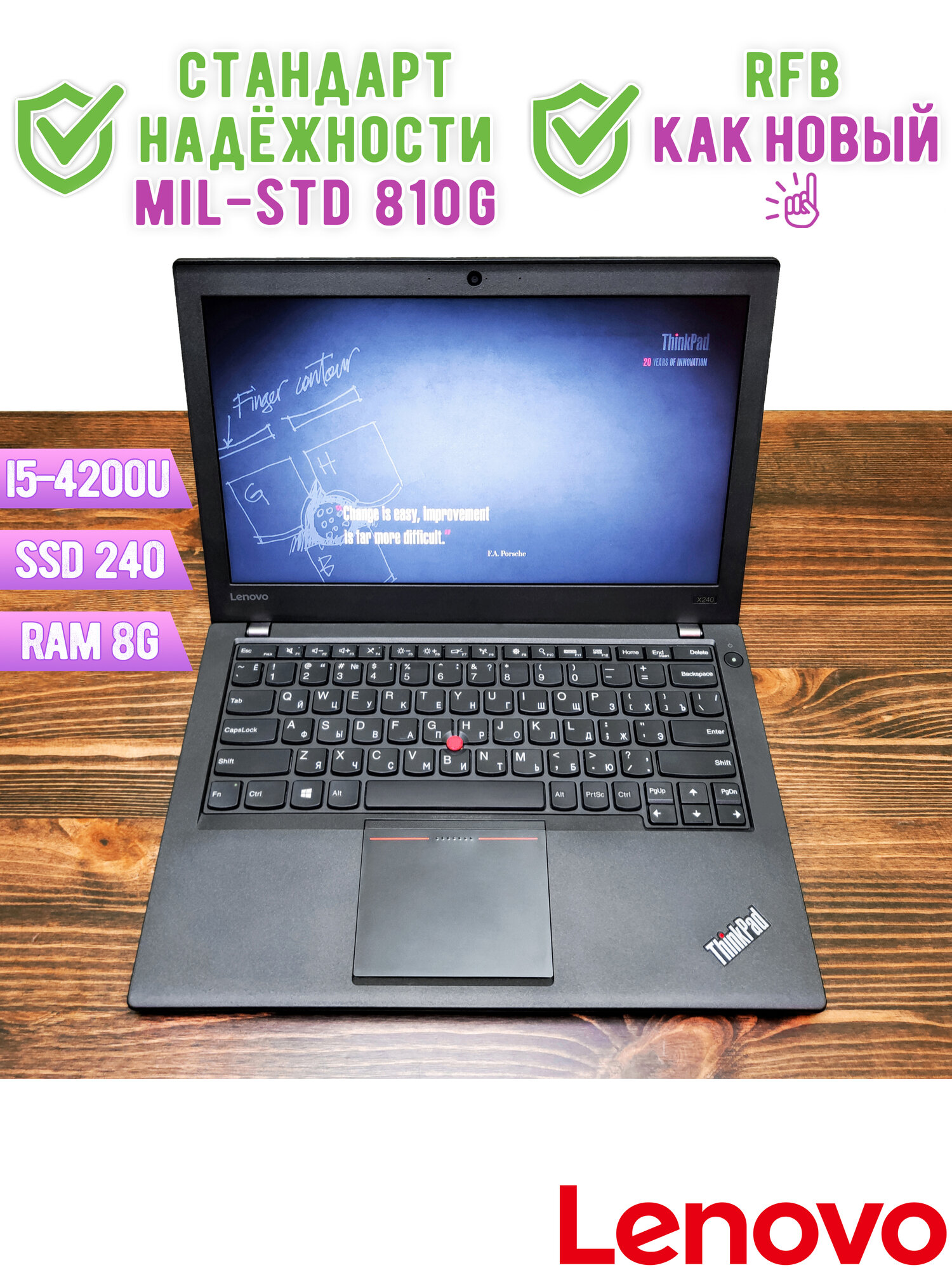 Lenovo ThinkPad X240 Ноутбук 12.5", Intel Core i5-4200U, RAM 8 ГБ, SSD 240 ГБ, Intel HD Graphics 520, Windows Pro, черный матовый, Русская раскладка