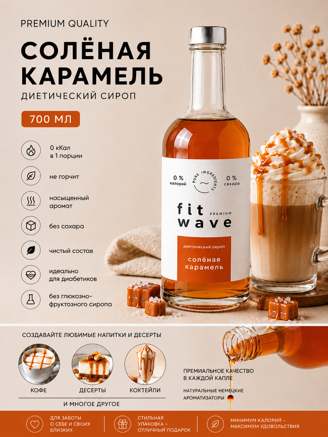 Сироп диетический без сахара низкокалорийный FitWave Солёная карамель 700 мл. для кофе