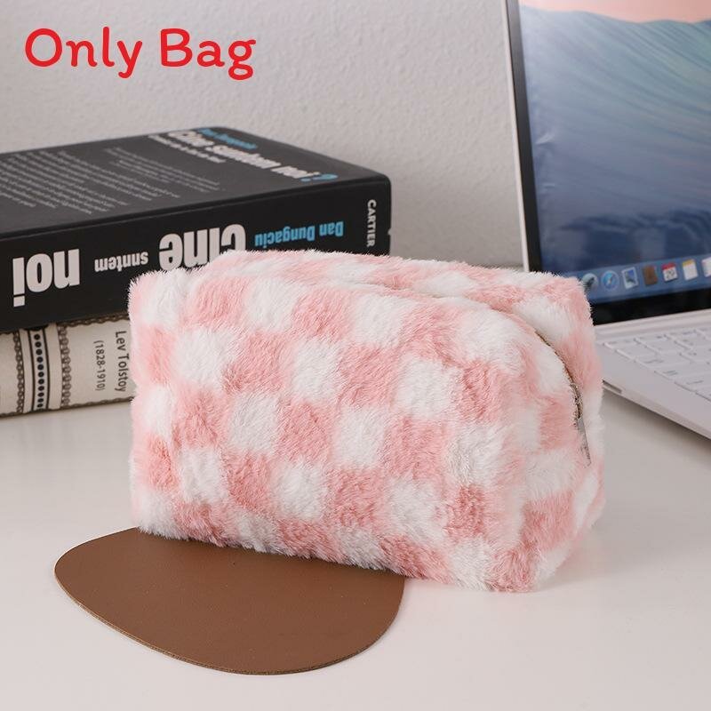 Plush stationery box with checkerboard pattern for school and office use, pink