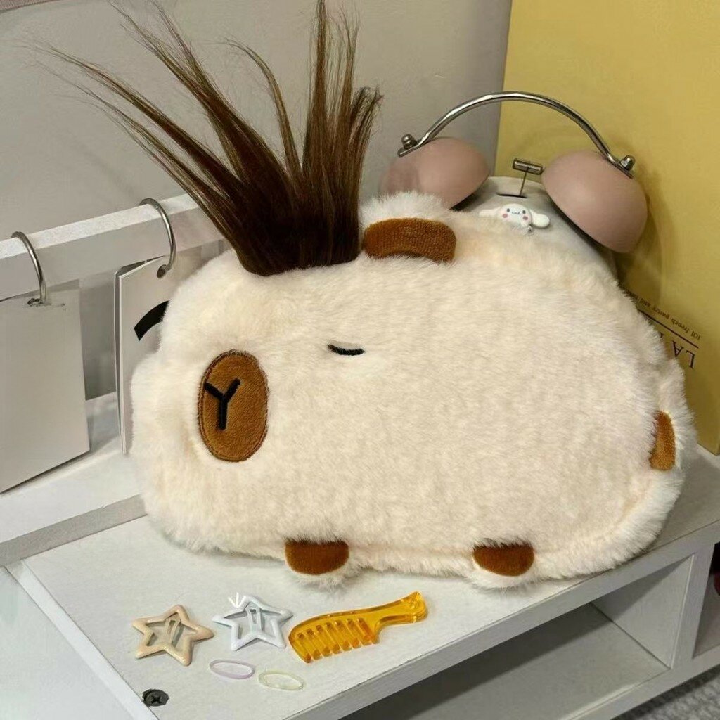 Adorable capybara plush pencil holder suitable for school home and travel beige