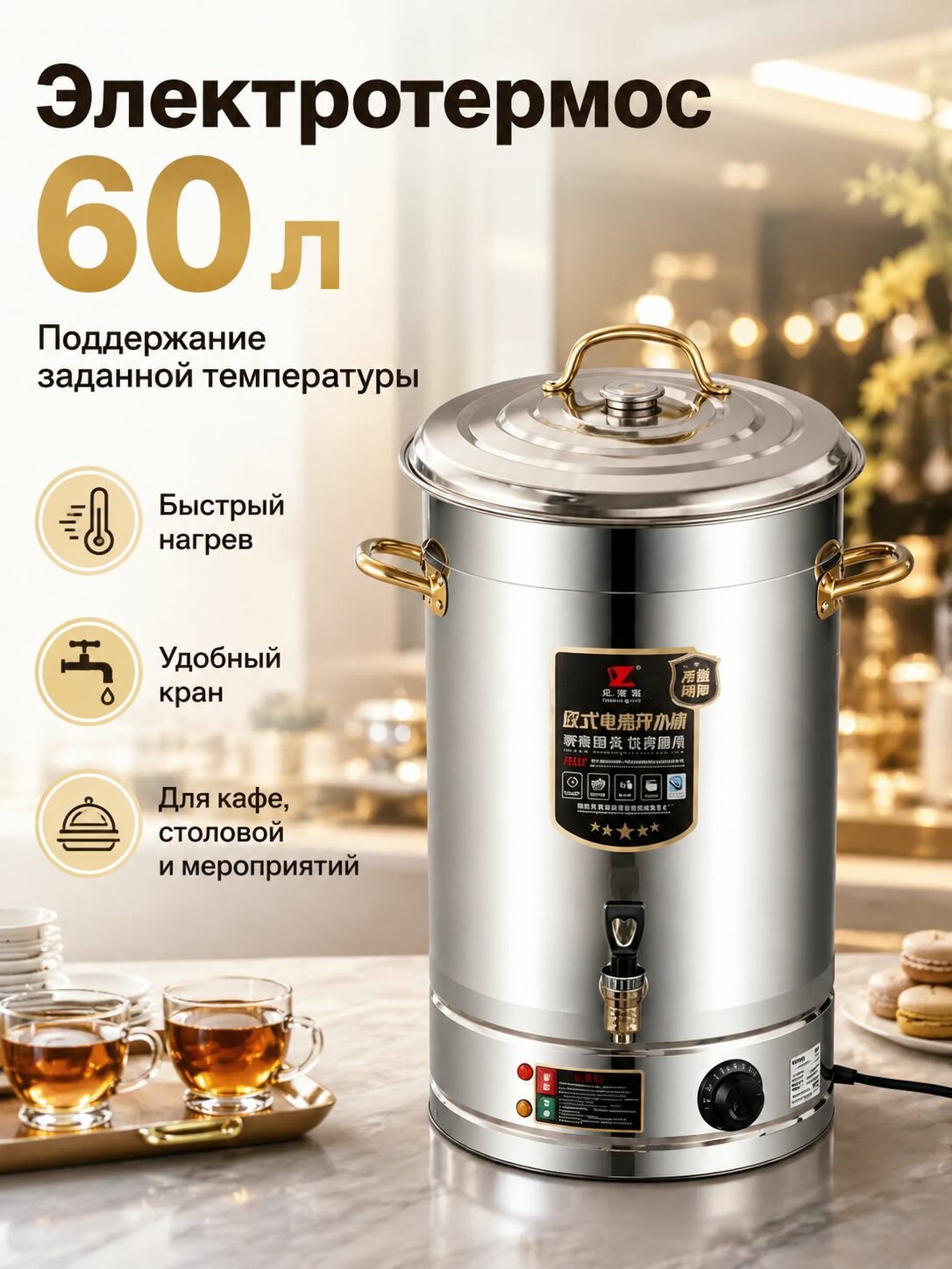 Электротермос ёмкостью 60 литров с функцией поддержания заданной температуры.
