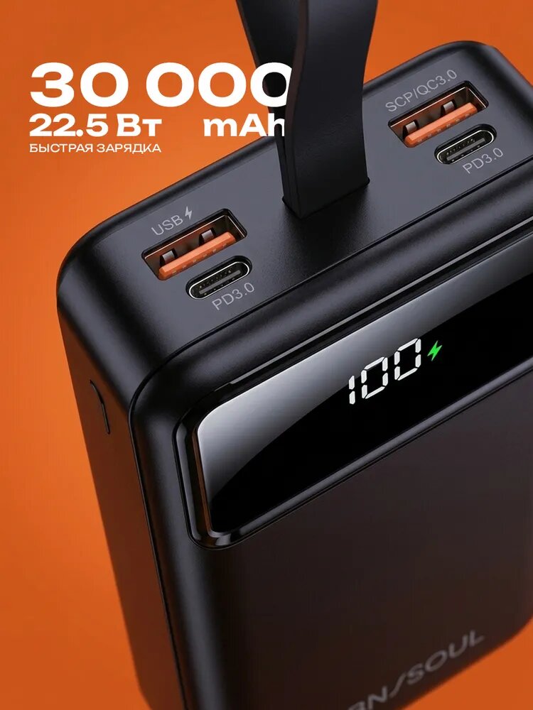 Повербанк 30000 mAh с быстрой зарядкой URBNSOUL powerbank для телефона, павербанк для смартфона, внешний аккумулятор