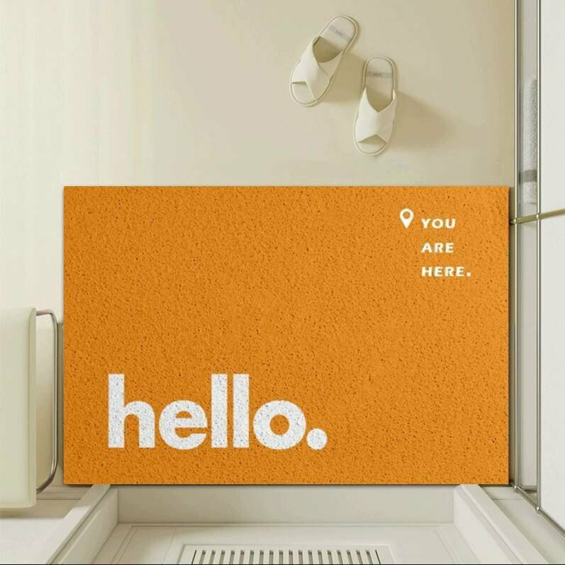Коврик придверный резиновый с надписью Hello, you are here в прихожую 50х80 см оранжевый