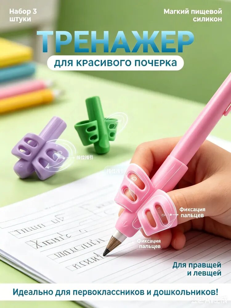 Тренажер для письма и коррекции почерка (набор 3 шт.); силиконовая насадка на ручку и карандаш: обучающий держатель для первоклассника.