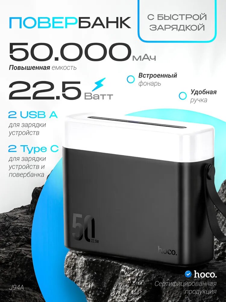 Повербанк 50000mah Hoco J94A 22.5W, powerbank внешний аккумулятор пауэрбанк, черный