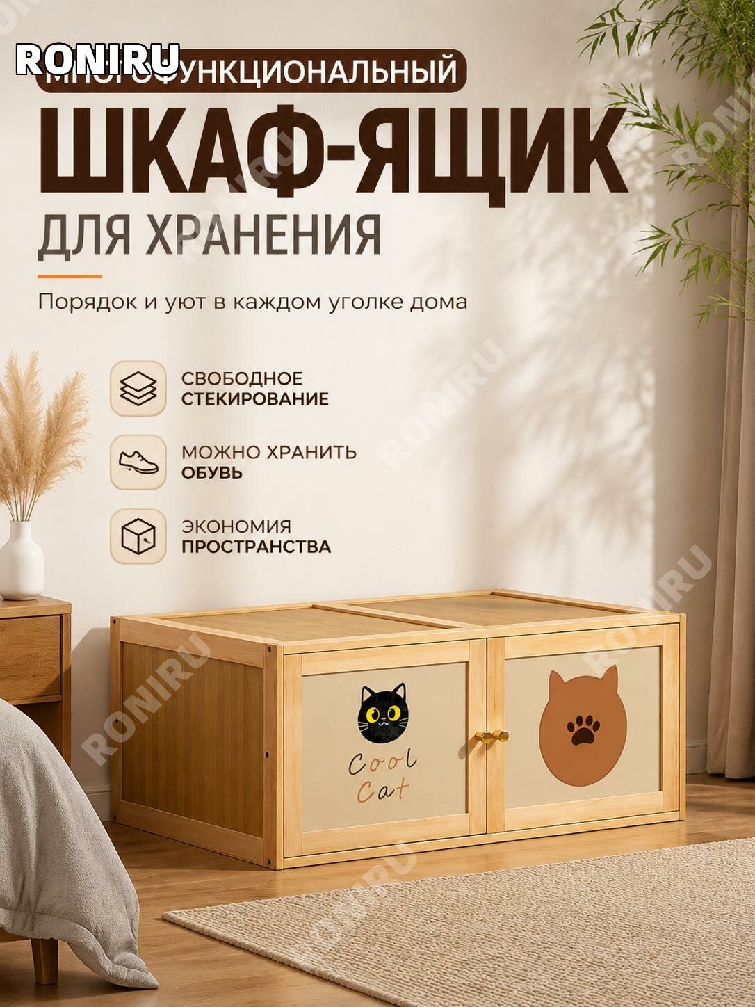 Шкаф для одежды из бамбука, натуральный цвет,80 см, с местом для обуви