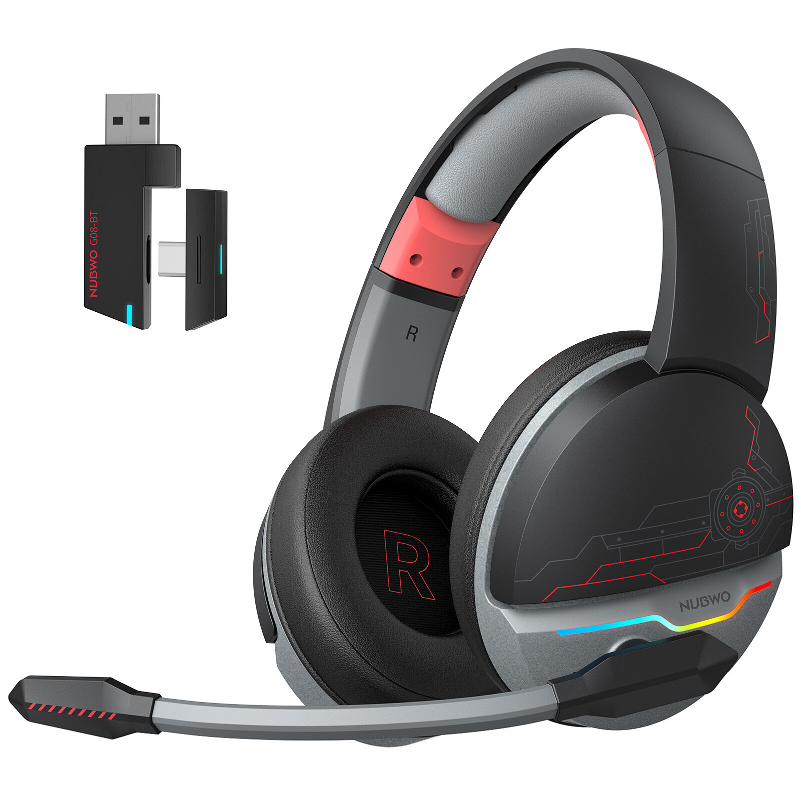 NUBWO G08 беспроводная игровая гарнитура с 2.4G Bluetooth, шумоподавлением, черно-красным цветом и поддержкой карты TF