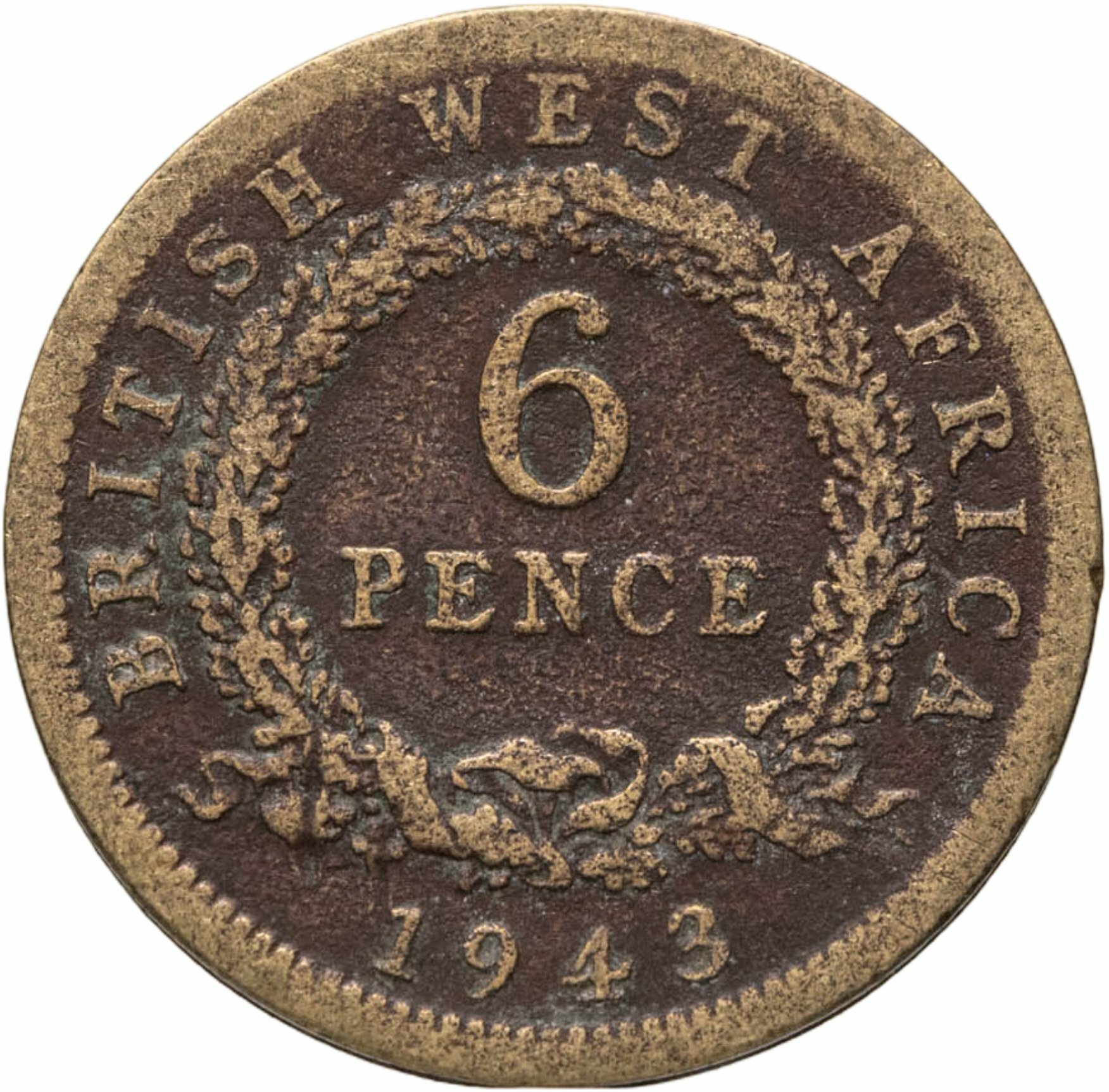 Британская Западная Африка 6 пенсов pence 1943, Латунь, в сохранности F