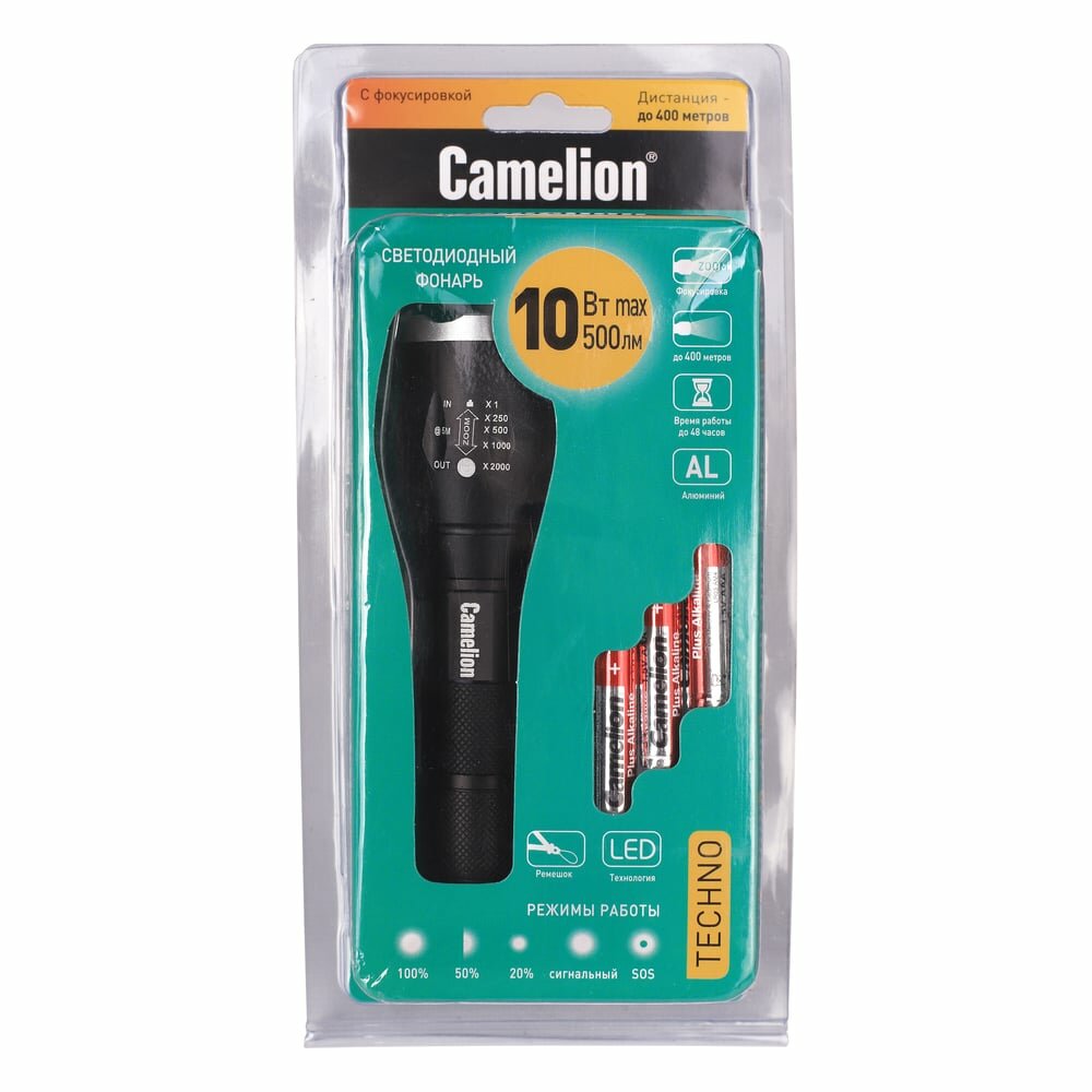 Фонарь Camelion LED5136 черный, LED XML-T6, ZOOM, 5 режимов, 3XLR03 в комплекте, алюминий, блистер 12971 — фото 1