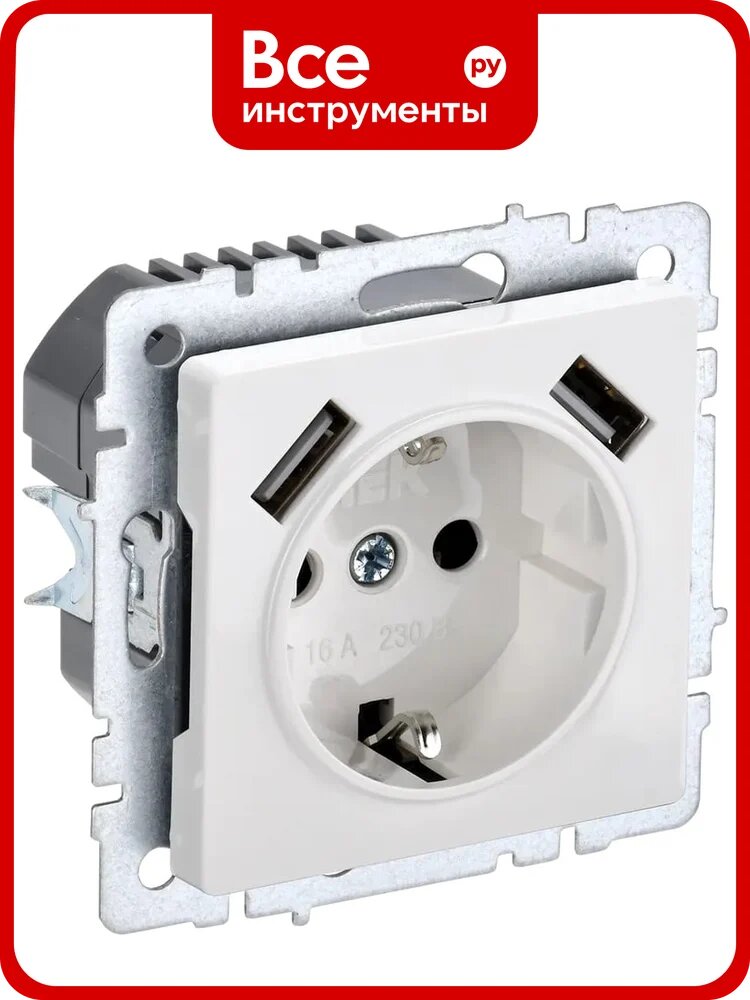 1-местная розетка IEK Brite с заземлением с защитными шторками 16а с usb a+a 5в 2,1а рюш10-1-брб белый BR-R14-16-U21-D21-K01