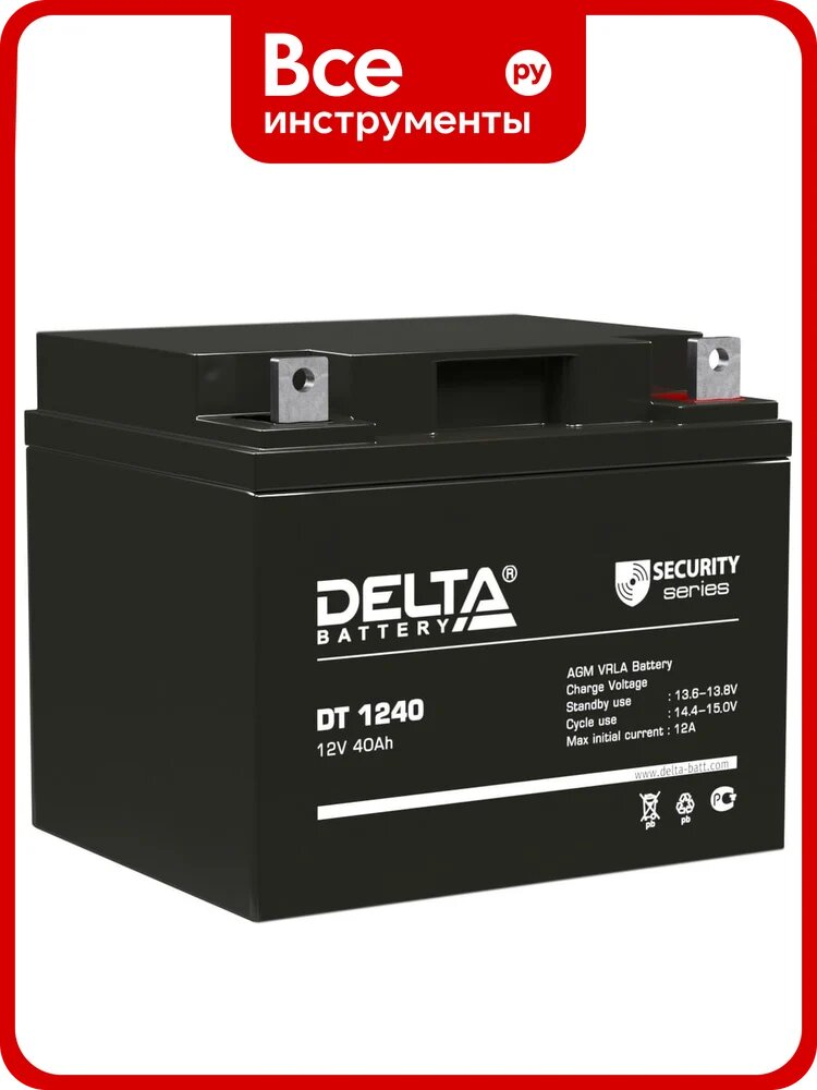 Аккумуляторная батарея Delta DT 1240, 12В, 40Ач, AGM, обратная полярность, размеры 170x198x166 мм, вес 13.5 кг, макс.