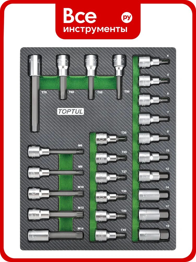 Набор головок торцевых с насадками Hex, Torx, Spline, 25 предметов, 1/2"DR, в мягком ложементе TOPTUL GEB2501