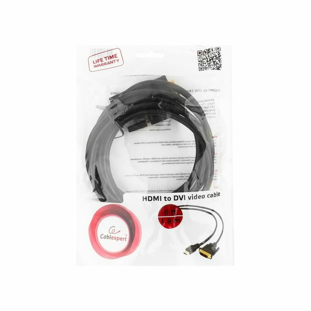 Кабель Cablexpert HDMI-DVI 19M/19M, 1.8м, single link, медь, позол. разъемы, экран, черный CC-HDMI-DVI-6 — фото 1