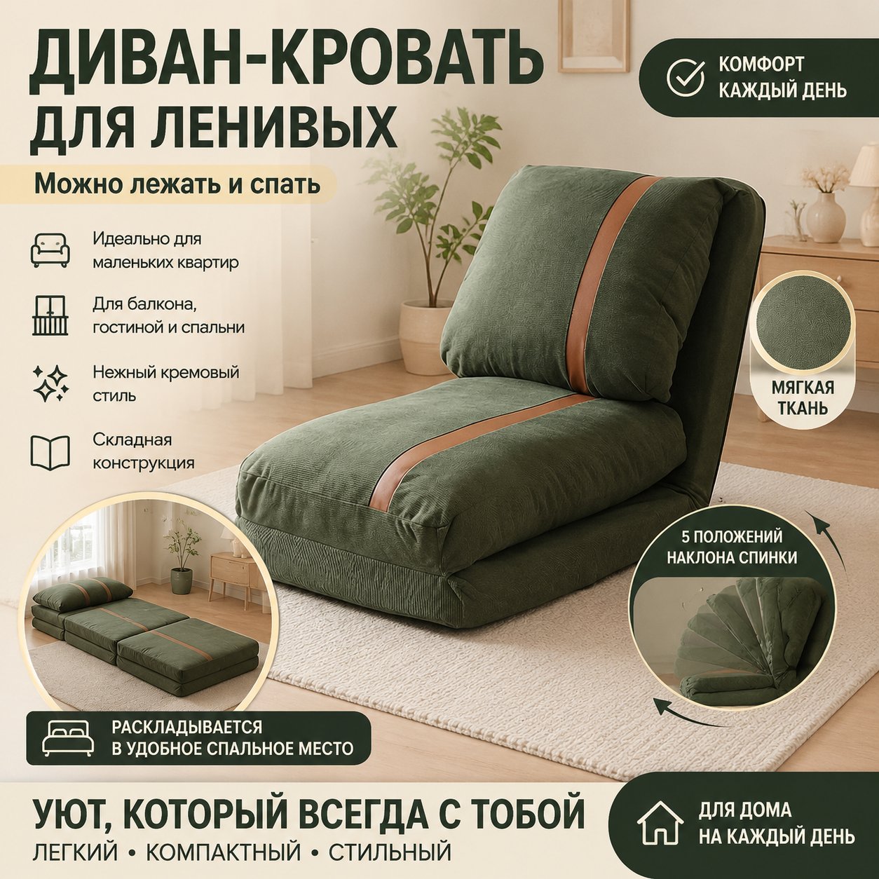 Диван-кровать складной кремовый универсальный для балкона гостиной малогабаритной квартиры