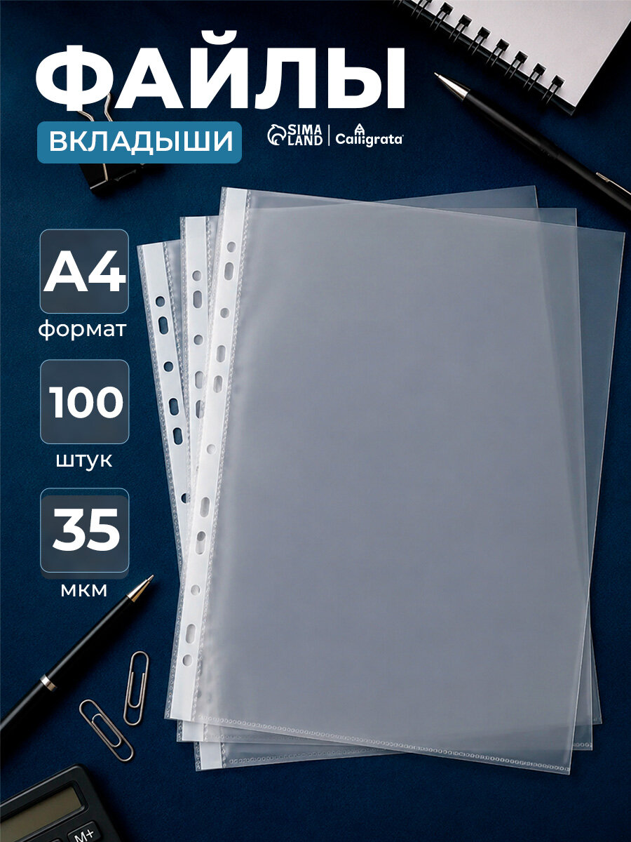 Файл-вкладыш А4, 35 мкм, Calligrata, глянцевый, вертикальный, 100 штук