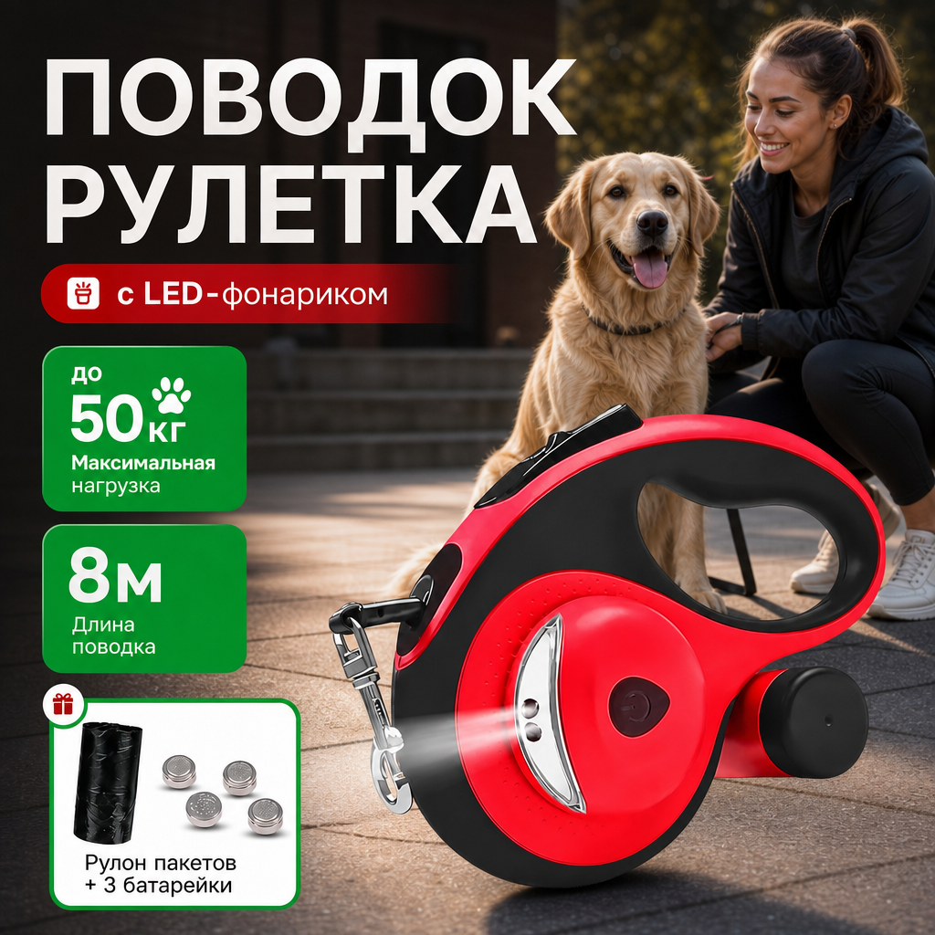 Прочный поводок для собак, красный, черный, эргономичный дизайн