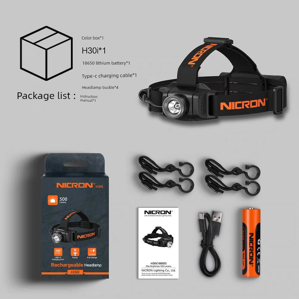 Фонарь налобный NICRON H30i с регулируемой фокусировкой, прямой зарядкой, функцией предупреждения, многофункциональный,