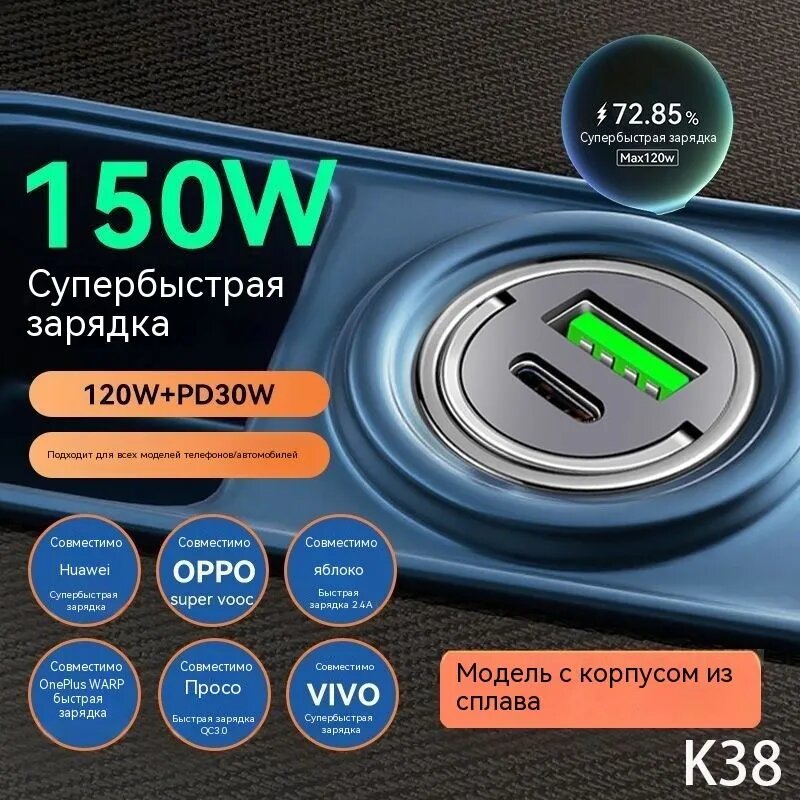 120W быстрая зарядка USB+PD 30W для авто