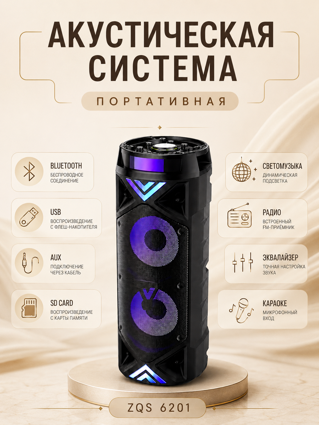 Большая беспроводная портативная колонка 6201 с Bluetooth, микрофоном, караоке, акустическая система