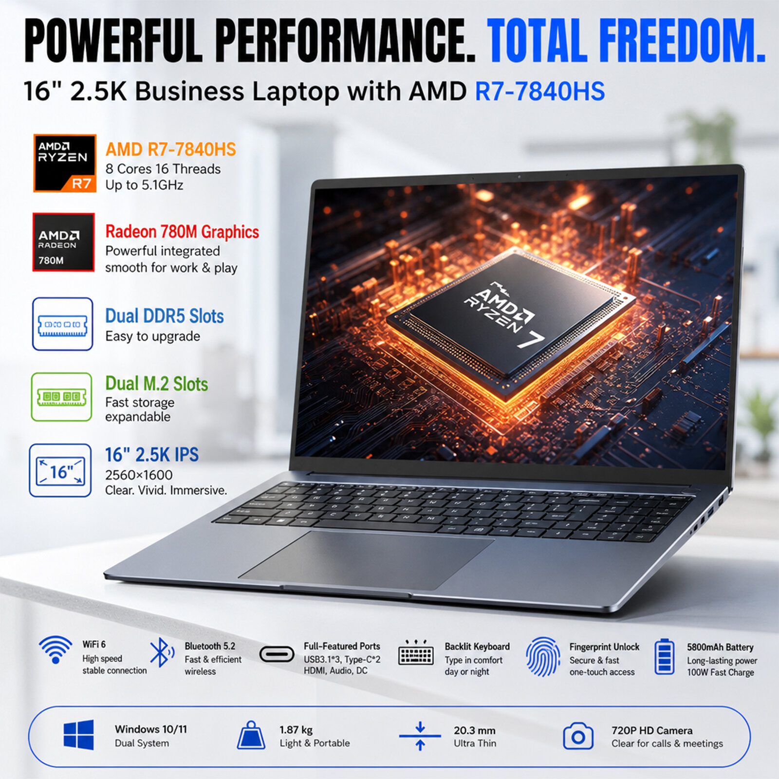 AMD Ryzen R7 7840HS ноутбук AI,16-дюймовый 2.5K IPS дисплей, мощная графика, двойное охлаждение, металл корпус для офиса