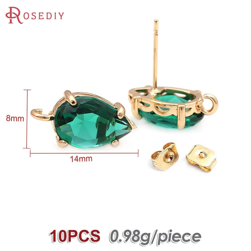 Серьги-гвоздики Rosediy из латуни и стекла цвета 18К золото Изумрудный, 52712-Deep Green