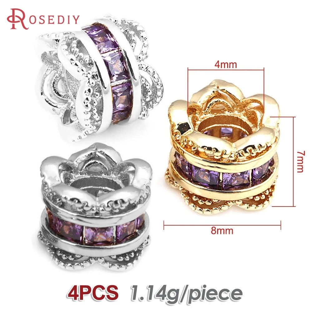 Цилиндрические бусины-разделители Rosediy, латунь, циркон, 8 мм Platinum Color, 8MM 4PCS