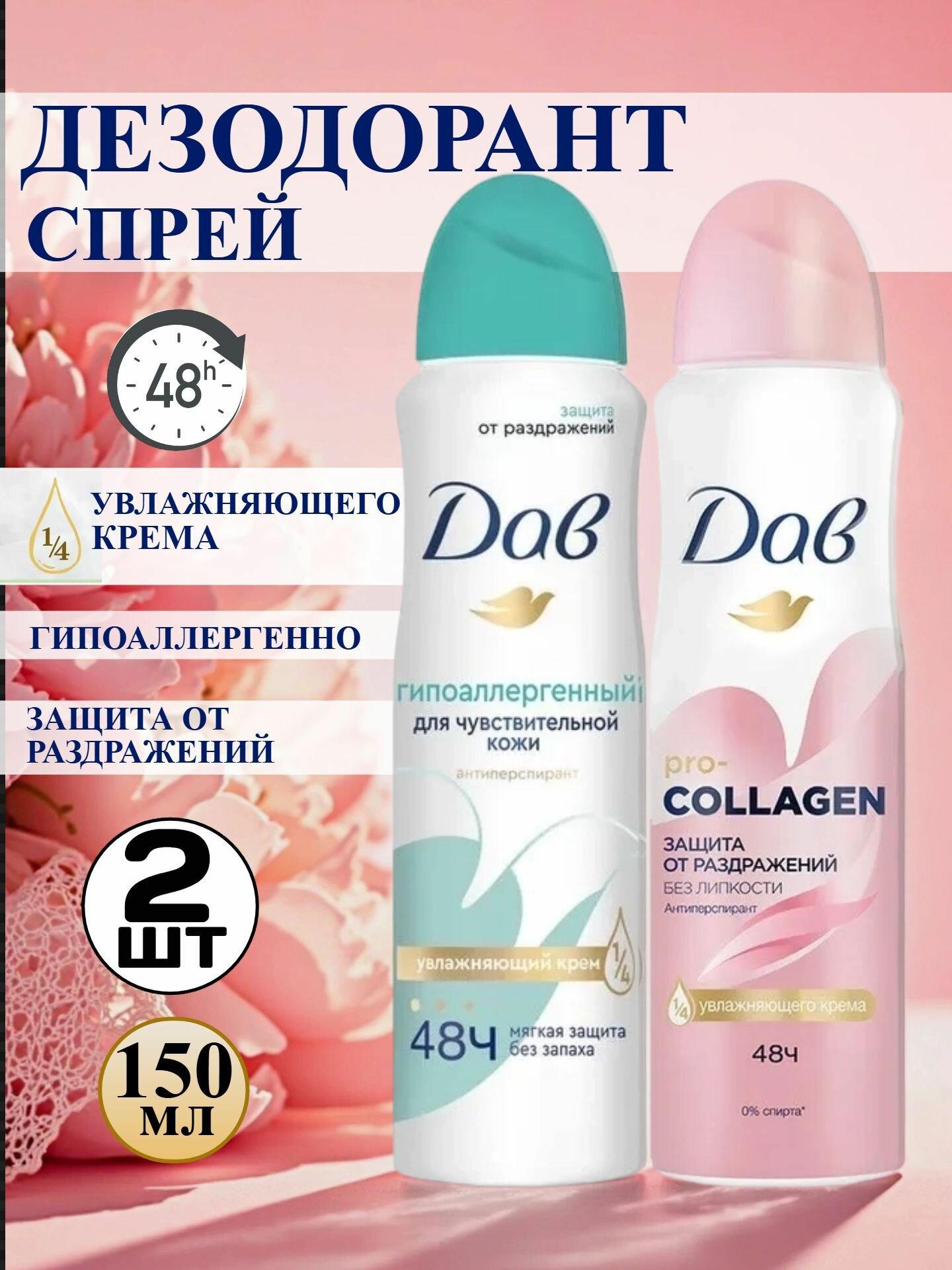 Dove Дав Дезодорант-антиперспирант спрей Бережная забота без отдушки 150мл + PRO-COLLAGEN 150мл,2 шт